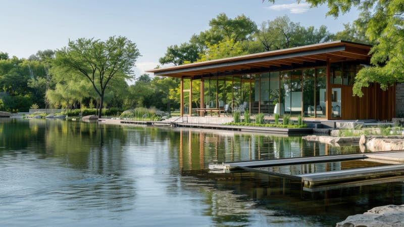 A Modern Lakeside Pavilion Surrounded by Lush Greenery with Tranquil ...