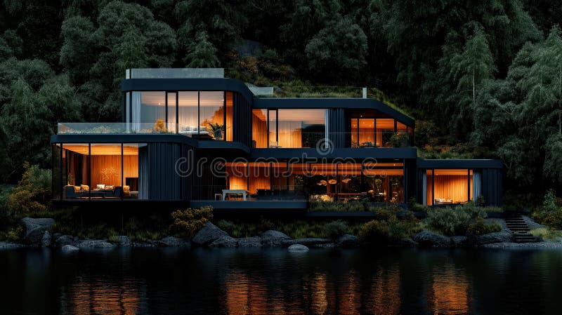 Modern Lakeside Villa with Glass Architecture and Forest Backdrop at ...