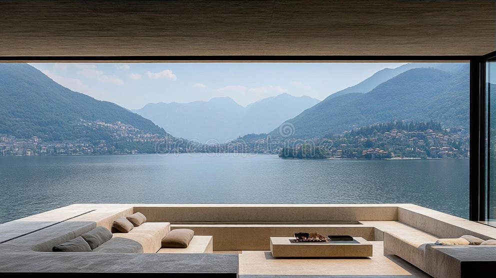 Modern Lakeside Villa with Panoramic Mountain View Stock Image - Image ...