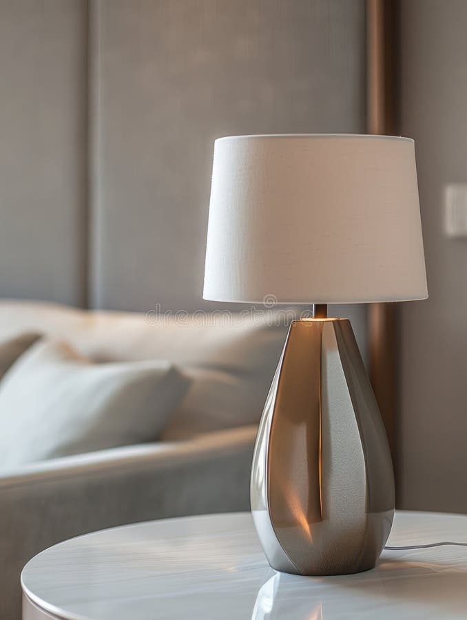 Modern Lamp on a Bedside Table in a Cozy Bedroom. Stock Image - Image ...