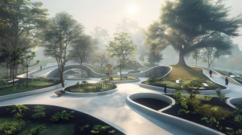 Modern Landscape Design with Curved Paths and Trees Stock Image - Image ...