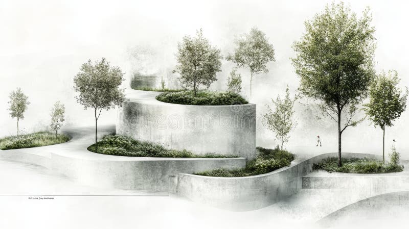 A Modern Landscape Design Features Curved Concrete Paths and Lush ...