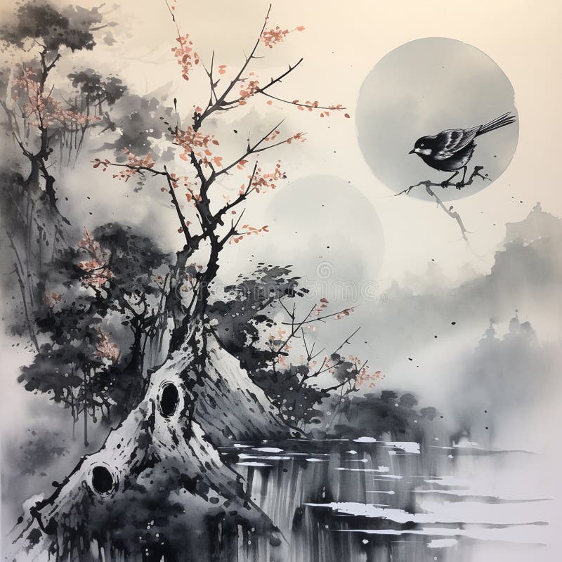 Modern Landscape Sumi-e Ink Painting Stock Illustration - Illustration ...