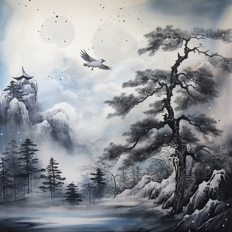 Modern Landscape Sumi-e Ink Painting Stock Illustration - Illustration ...