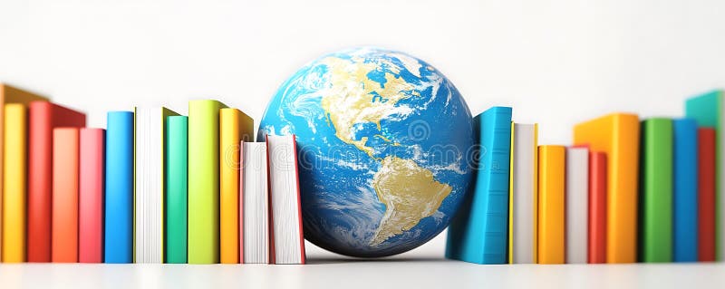 Modern Language Learning Logo with Colorful Books and a Realistic Globe ...