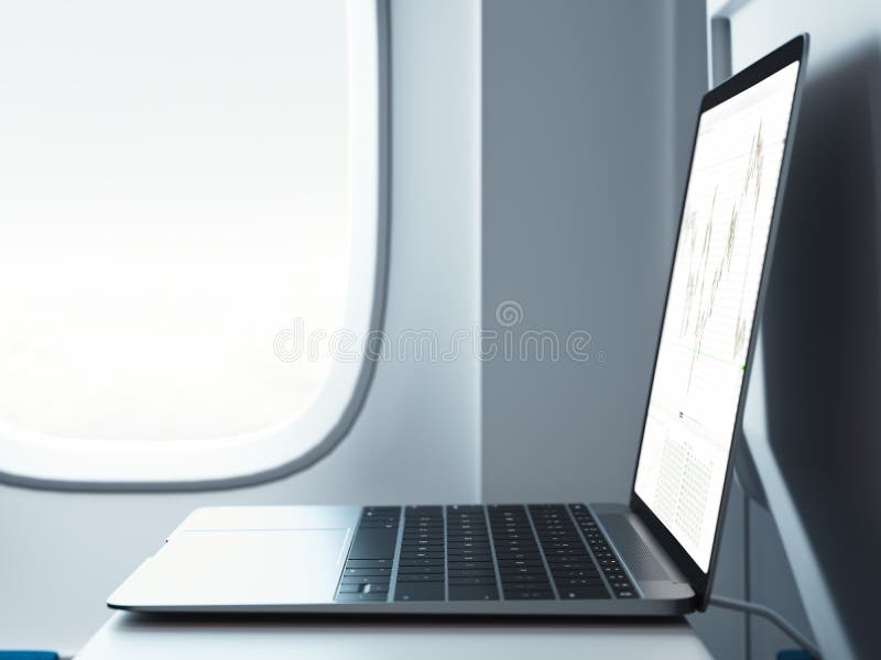 Modern Laptop in Airplane Interior with Window on Background. 3d ...