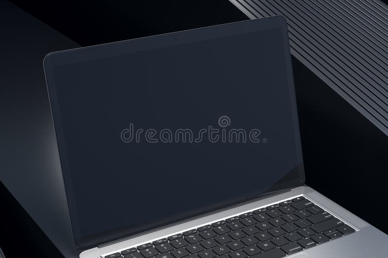 Modern Laptop with Black Screen and Keyboard on a Dark Abstract ...