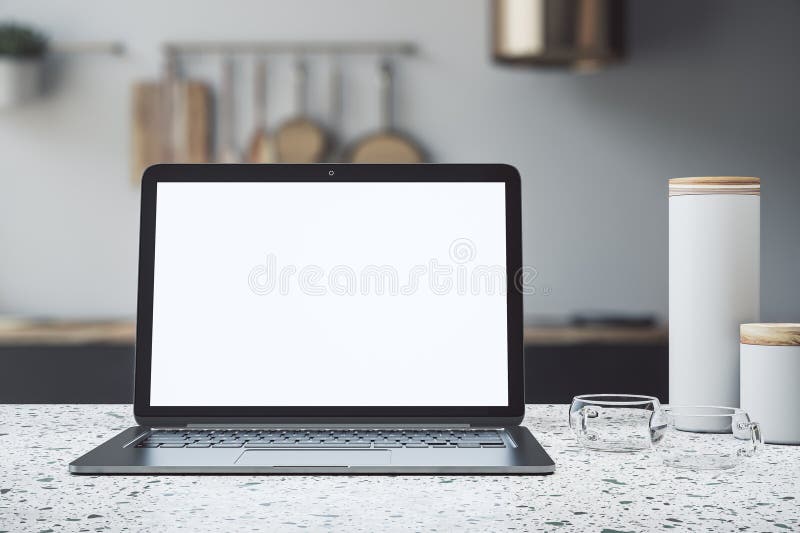 Modern Laptop with Blank Screen on Kitchen Counter for Mockup. Stock ...