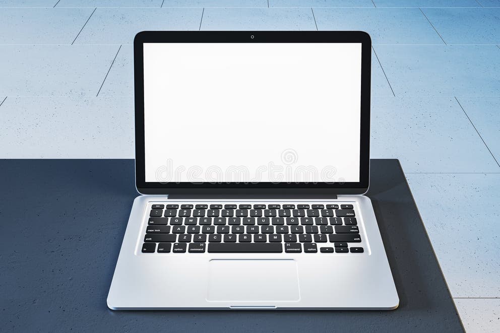 Modern Laptop with Blank Screen on Tiled Surface Background. 3D ...