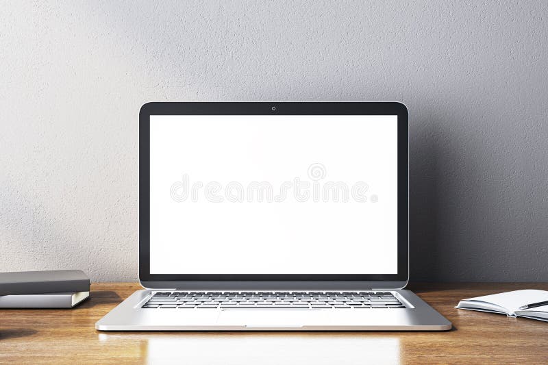 Modern Laptop with Blank Screen on Wooden Desk in a Clean Workspace. 3D ...