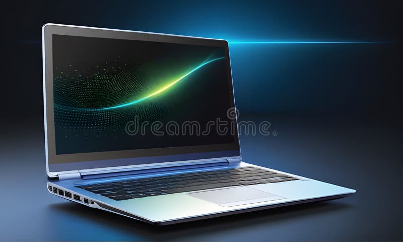 Modern Laptop with Blue and Green Light Abstract Design on Screen Stock ...