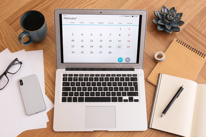 Modern Laptop with Calendar on Table, Above View Stock Image - Image of ...