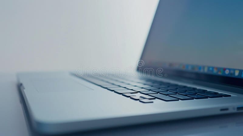 Modern Laptop Close Up. Side View of a Silver Laptop Computer with the ...