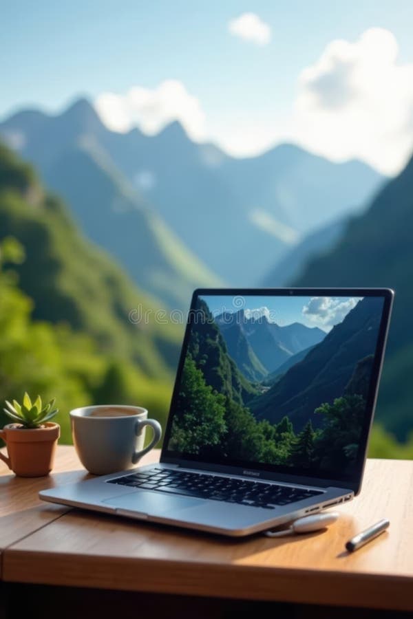 Modern Laptop, Coffee, Panoramic Mountain Backdrop , Remote, Scenic ...