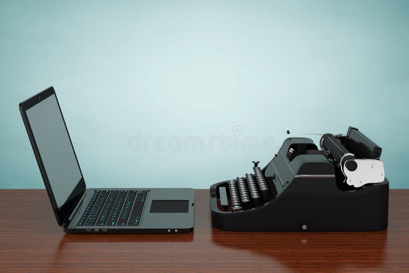 Modern Laptop Computer with Antique Typewriter. 3d Rendering Stock ...