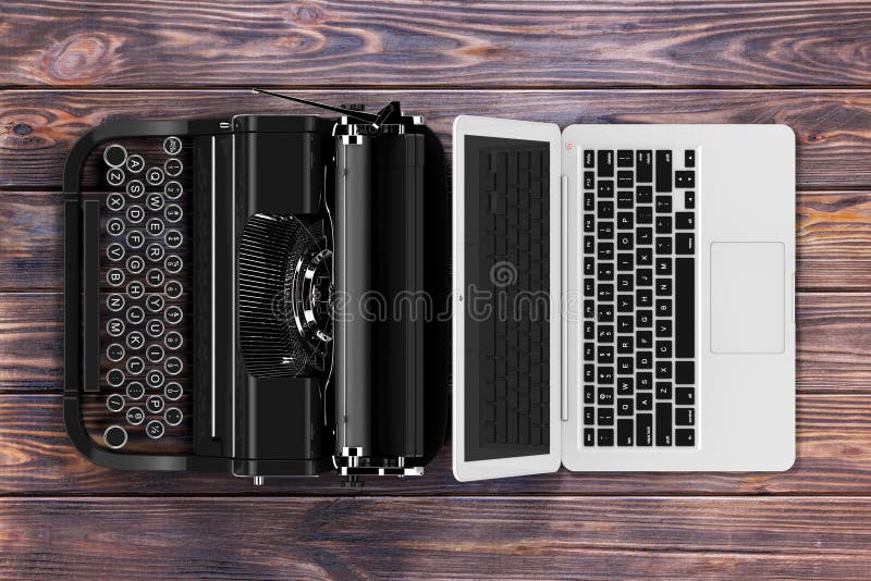 Modern Laptop Computer with Antique Typewriter. 3d Rendering Stock ...