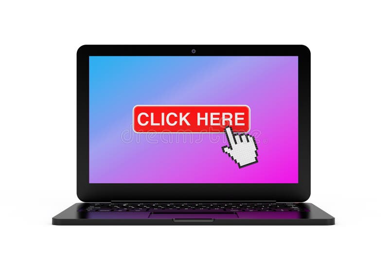 Modern Laptop Computer with Click Here Link To Website Button and Pixel ...