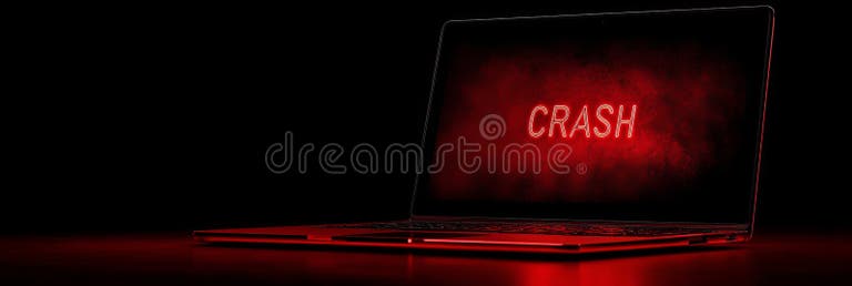 Modern Laptop Computer Displaying Glowing Neon Text Crash in the Dark ...
