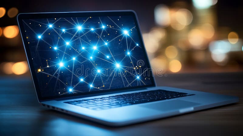 Modern Laptop Computer Displaying Glowing Network Connections with ...