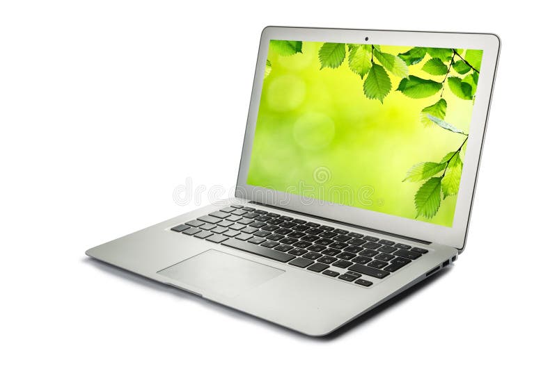 Modern Laptop Computer with Green Leaves Wallpaper Stock Photo - Image ...
