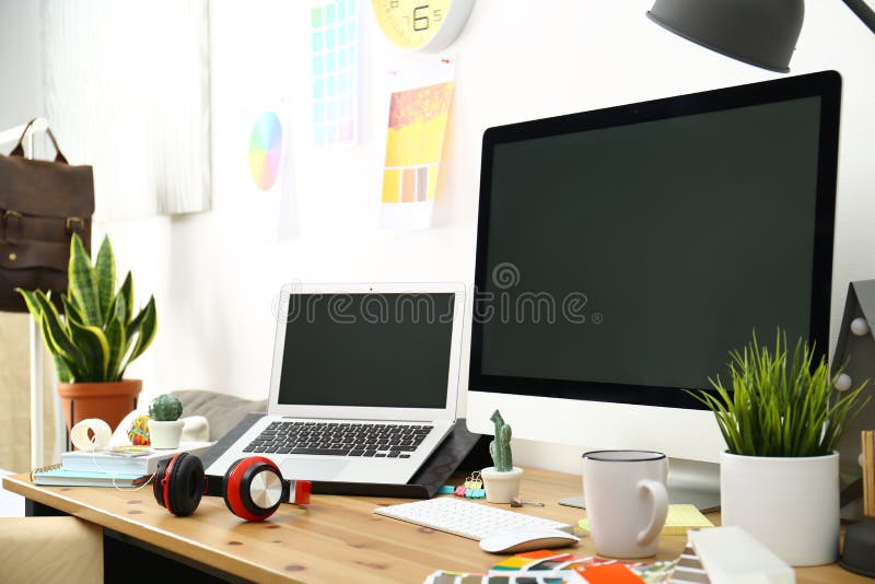 Modern Laptop, Computer and Office Supplies on Table, Space for Text ...