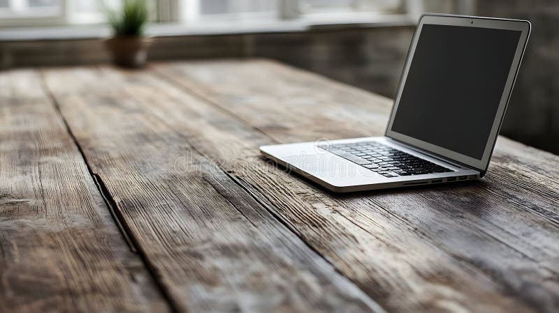Modern Laptop Computer Resting on a Weathered Wooden Table Stock ...