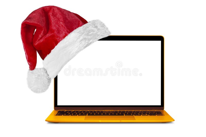 A Modern Laptop Computer with a Santa Claus Hat for Christmas Stock ...