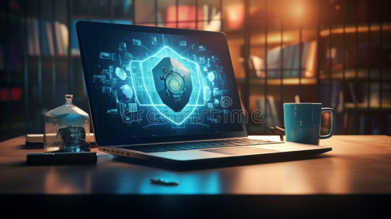 Modern Laptop with Cyber Security Safety Locker on Display. Neural ...