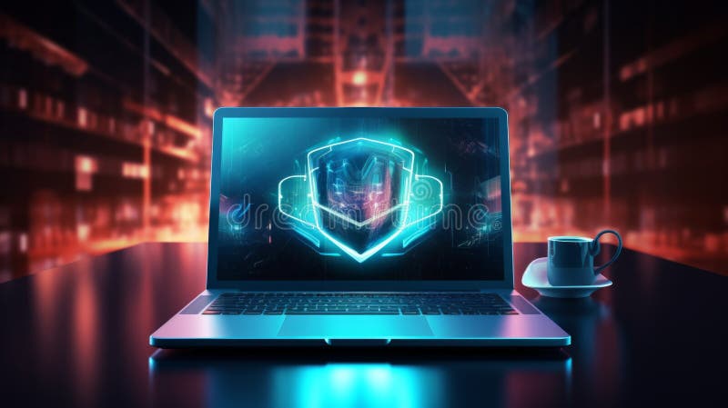 Modern Laptop with Cyber Security Safety Locker on Display. Neural ...