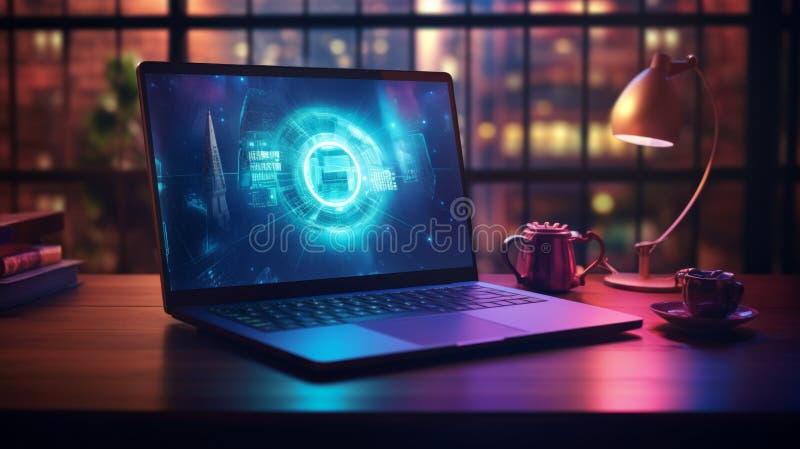 Modern Laptop with Cyber Security Safety Locker on Display. Neural ...