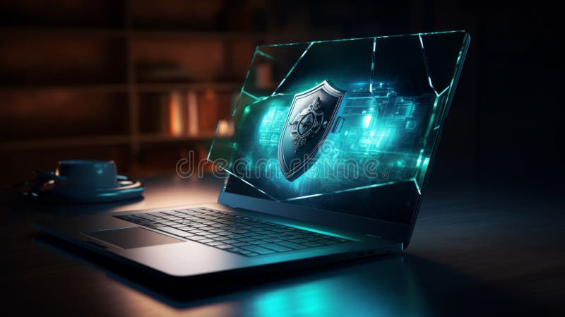 Modern Laptop with Cyber Security Safety Locker on Display. Neural ...