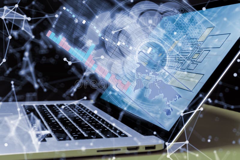 Modern Laptop with 3d Hud on the Table B Stock Image - Image of office ...