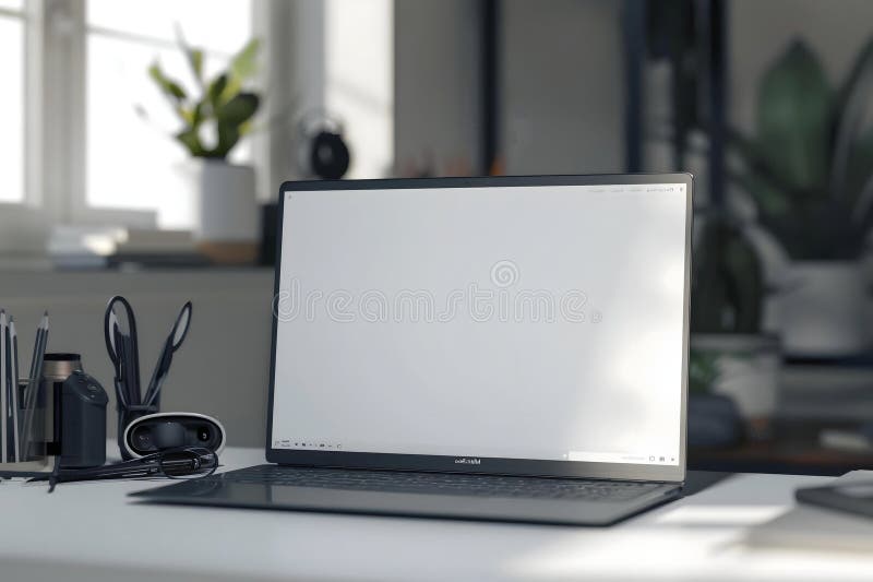 Modern Laptop on Desk in Bright Office Stock Illustration - Illustration of minimal, software ...