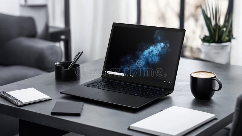 Modern Laptop on a Desk with Coffee and Notepad Stock Image - Image of ...