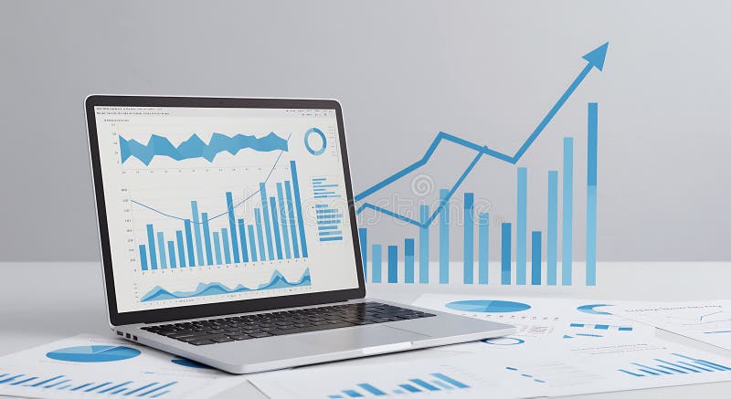 Modern Laptop Displaying Business Graphs with Rising Arrow and ...