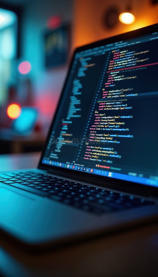 Modern Laptop Displaying Code Tech Workspace In Background Close Up View Programmer Working