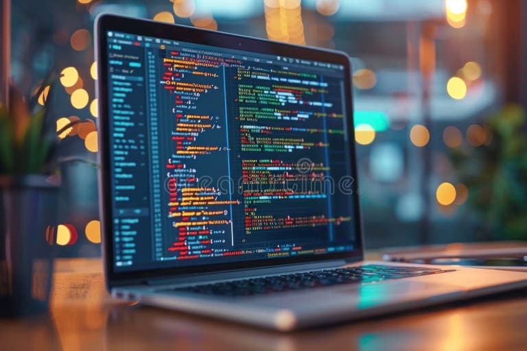 Modern Laptop Displaying Colorful Programming Code with Blurred Lights ...
