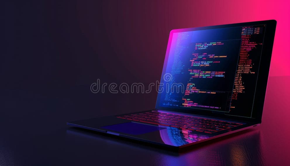 Modern Laptop Displaying Computer Code on Screen in Dark Room Setting Stock Image - Image of ...