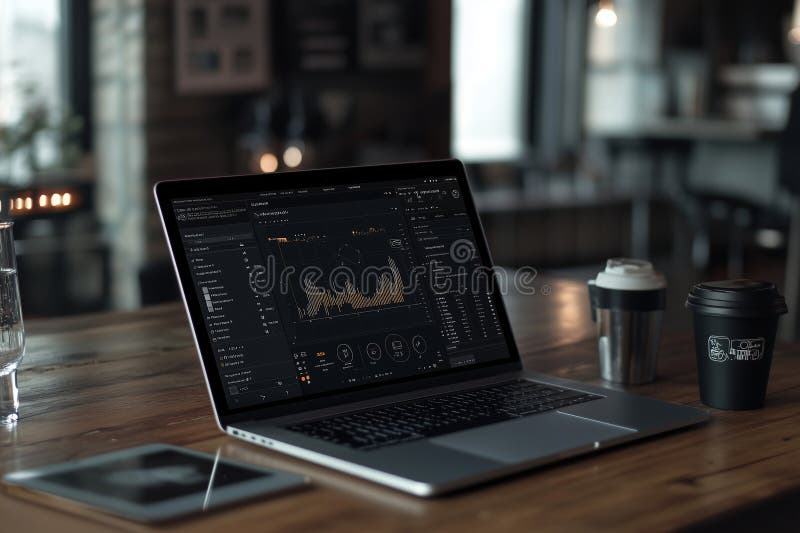 Modern Laptop Dark Theme Stock Photo Business Analytics Data Graph Work ...