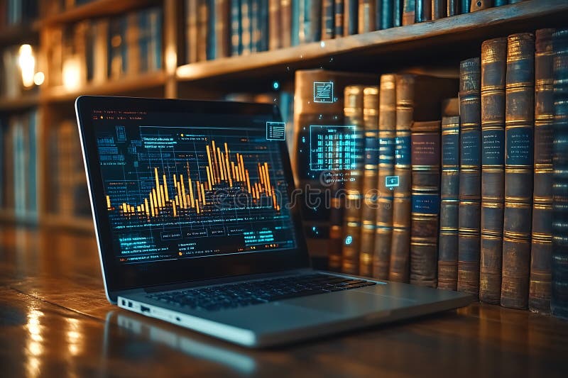 Modern Laptop Displaying Data Charts with Old Books on Wooden Table in ...
