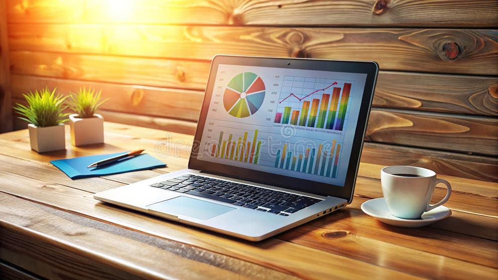 Modern Laptop Displaying Data Graphs and Charts on a Rustic Wooden ...