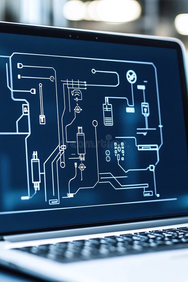 Modern Laptop Displaying a Technical CAD Design of a Power Grid Network ...