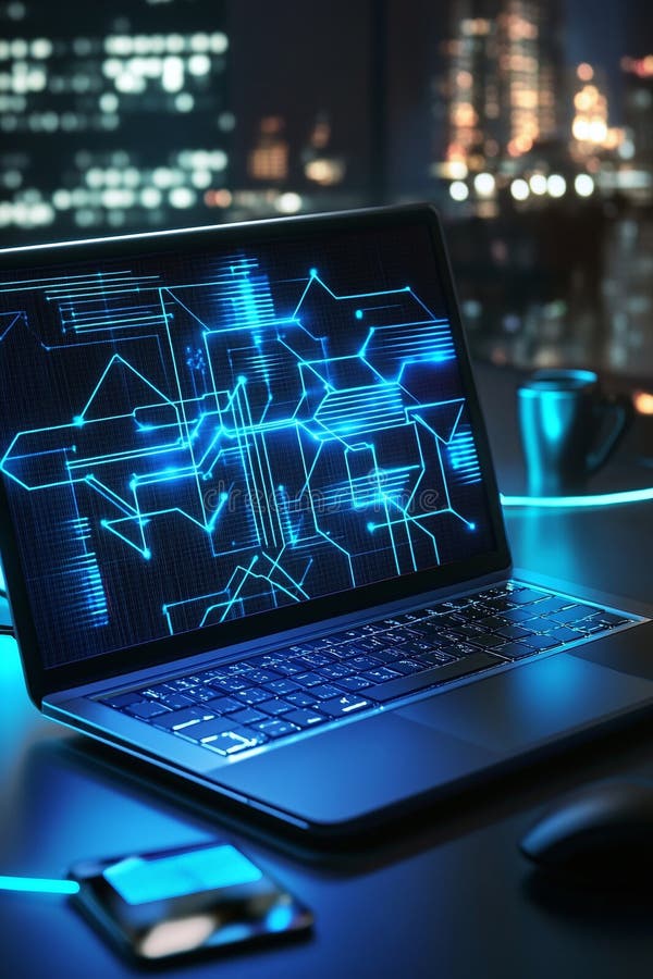 Modern Laptop Displaying a Technical CAD Design of a Power Grid Network ...