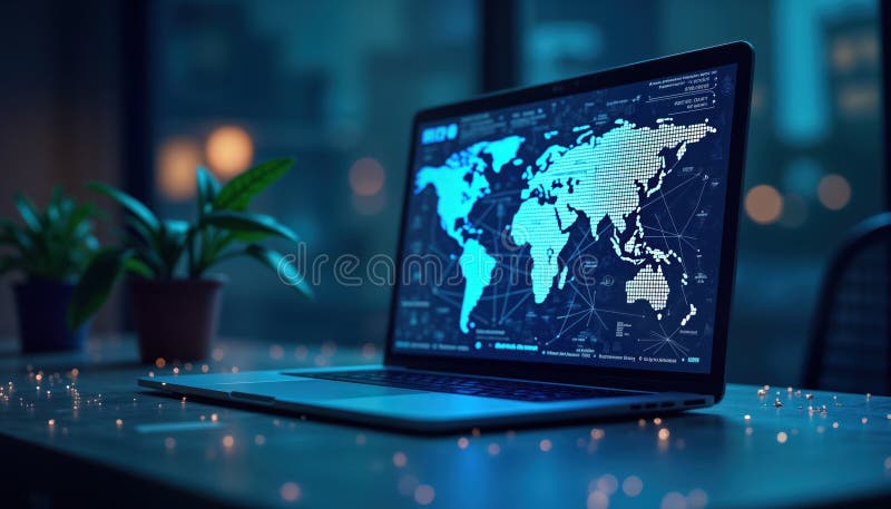 Modern Laptop Displays Global Network Connections. Advanced Tech ...