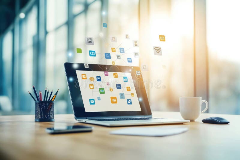 Modern Laptop Displays Software Icons Connected through Network on ...