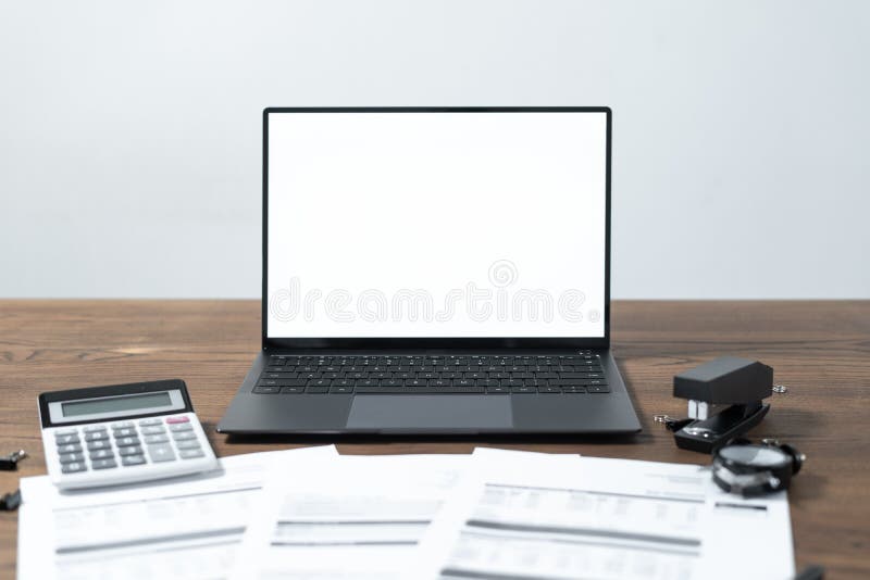 Modern Laptop and Documents on Wooden Table Stock Photo - Image of ...