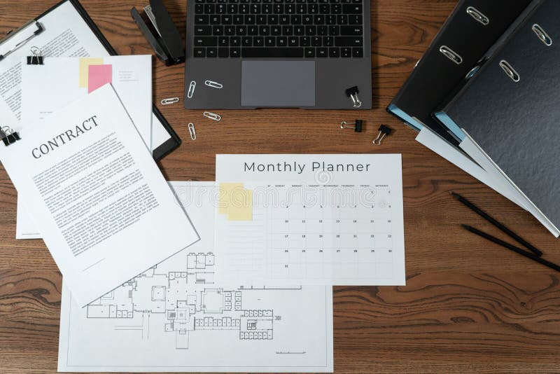 Modern Laptop and Documents on Wooden Table Stock Photo - Image of ...