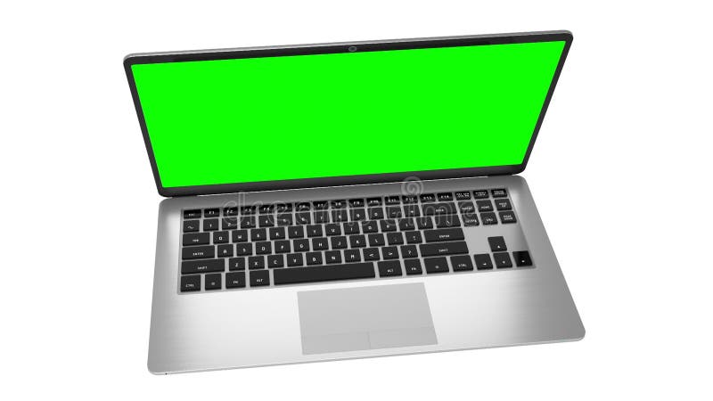 Modern Laptop with Empty Green Screen Isolated on Black Background ...