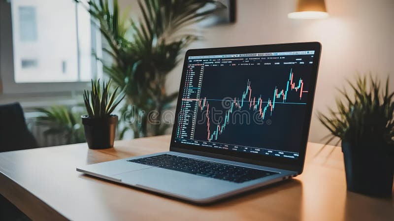 Modern Laptop with Financial Data Chart on Screen in Home Office ...