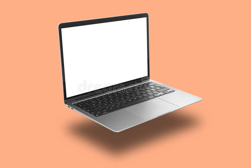 Modern Laptop Flying on Light Coral Background Stock Image - Image of ...